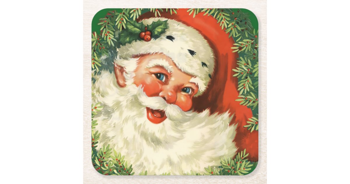 Vintage Santa Claus with Pine Wreath Square Paper Coaster | Zazzle