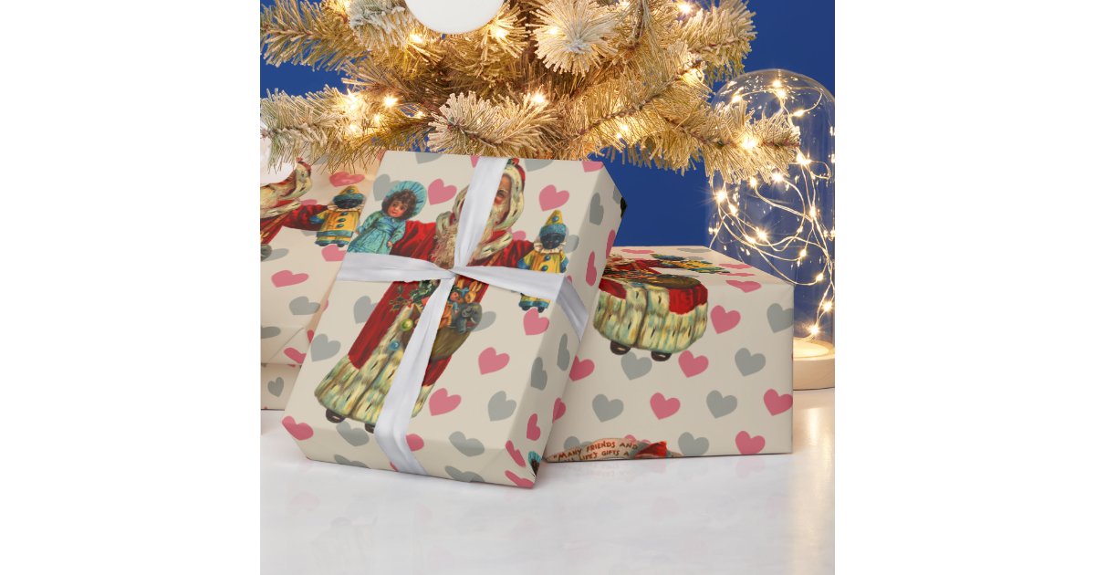 Vintage Santa Doll Nostalgia Hearts Wrapping Paper | Zazzle