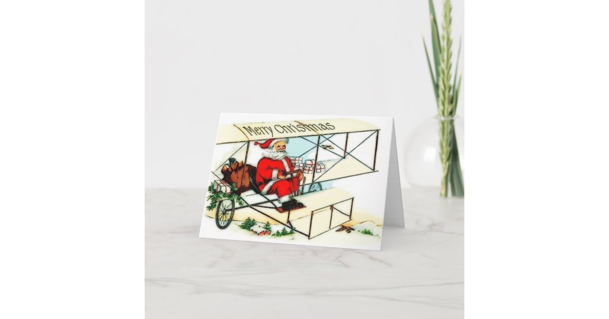 Vintage Santa Flying Bi Plane Christmas Card | Zazzle