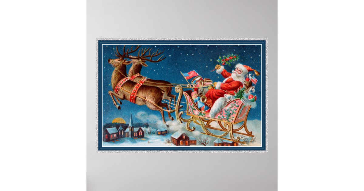 vintage santa flying sleigh poster | Zazzle