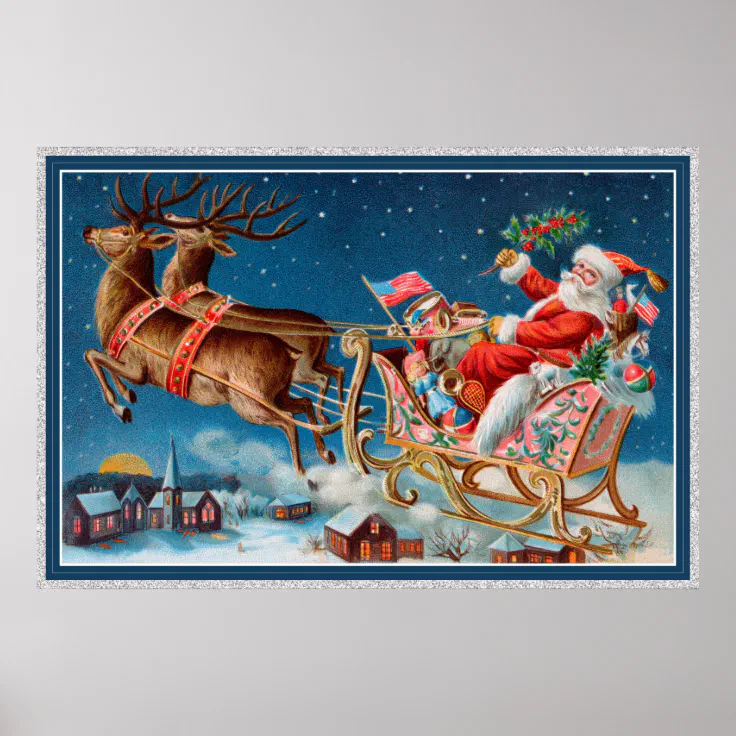 vintage santa flying sleigh poster | Zazzle