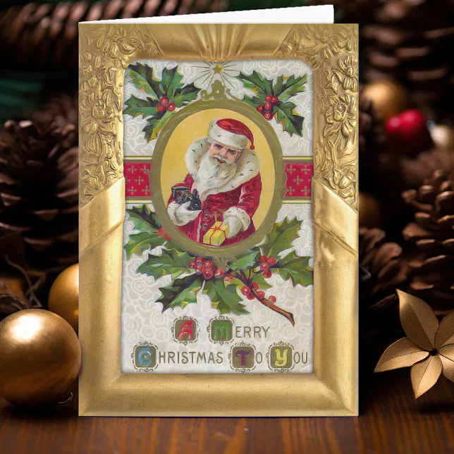 Vintage Santa Gold Frame Christmas Card | Zazzle