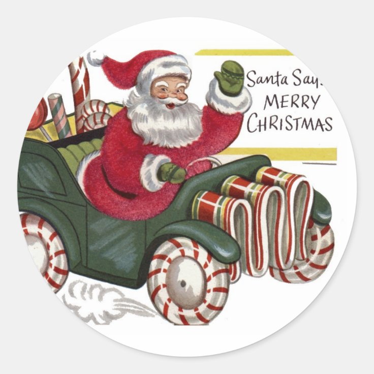 Vintage Santa in Car Christmas Sticker | Zazzle