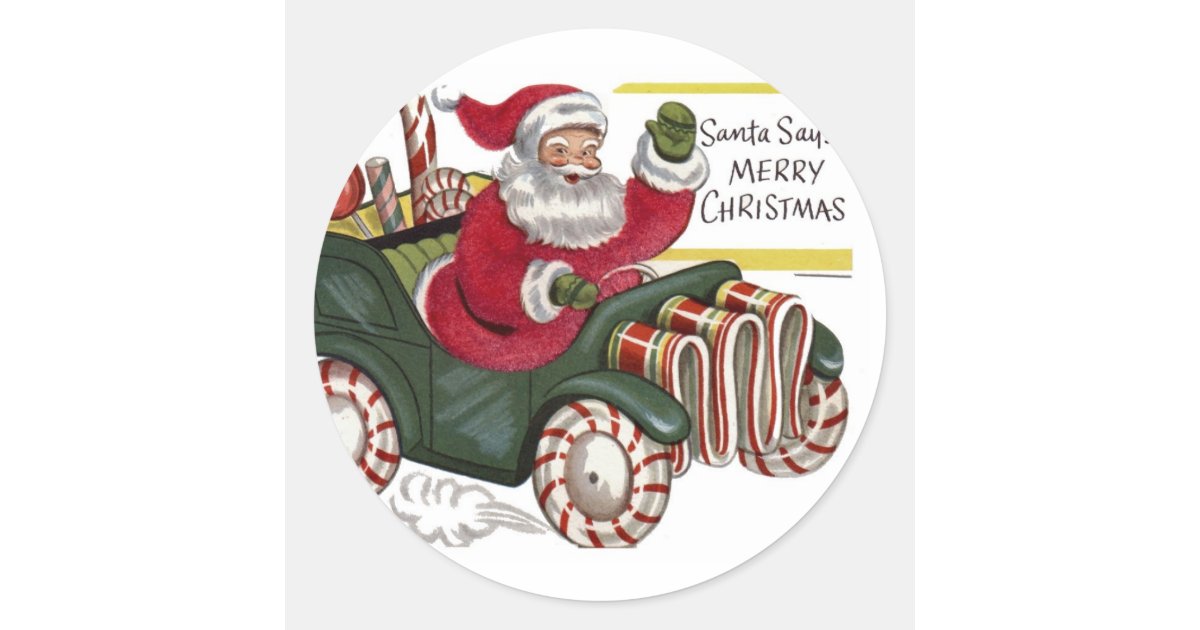 Vintage Santa in Car Christmas Sticker | Zazzle