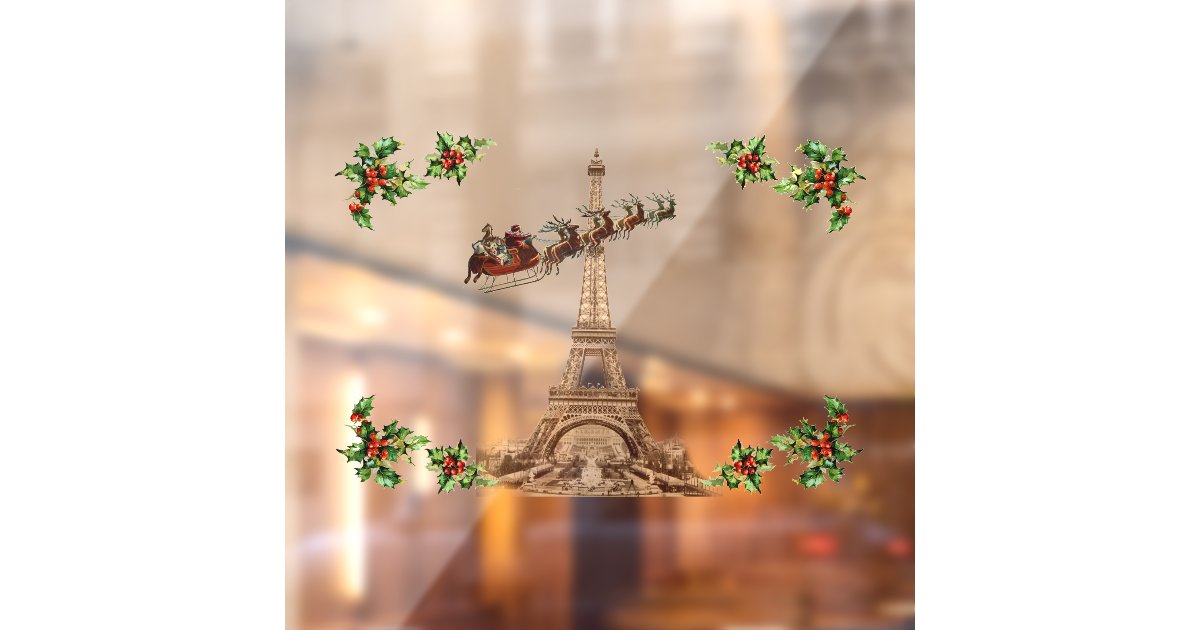 Vintage Santa over Paris Christmas Window Cling | Zazzle