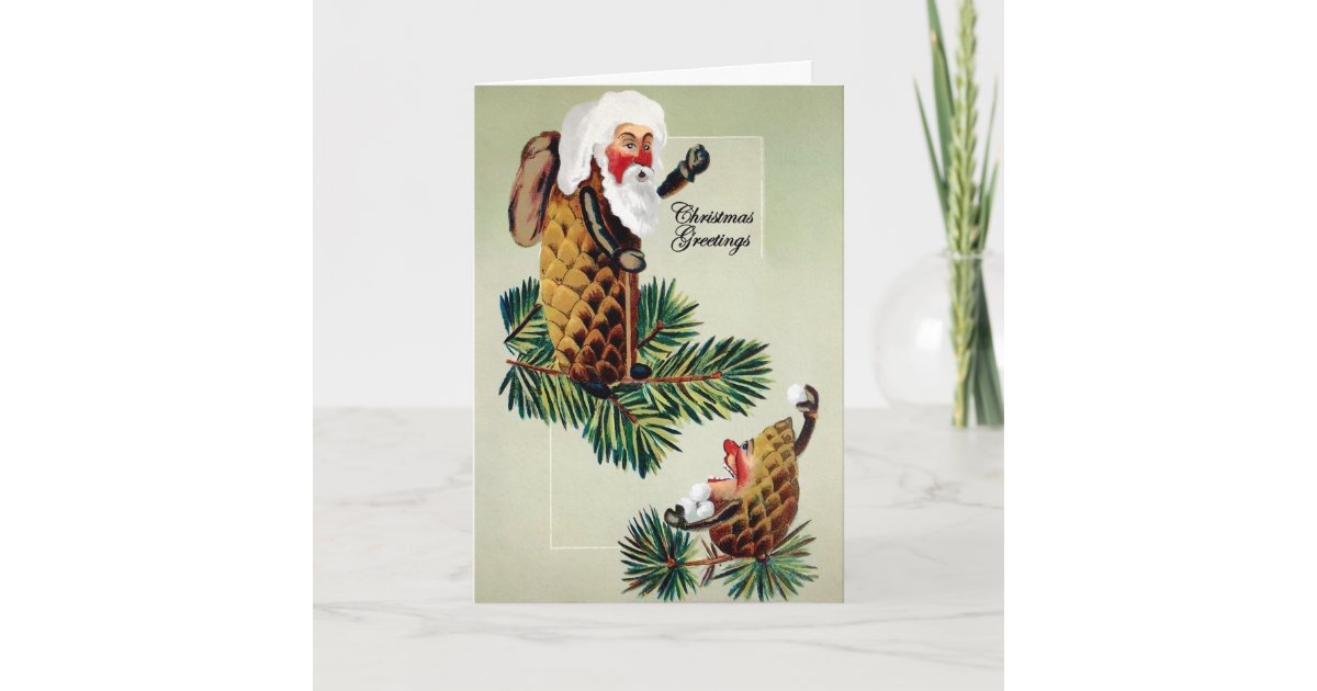 Vintage Santa Pinecone Customizable Holiday Card | Zazzle