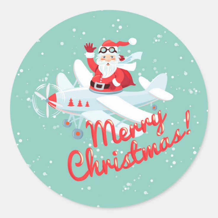 Vintage Santa, plane Merry Christmas Classic Round Sticker | Zazzle