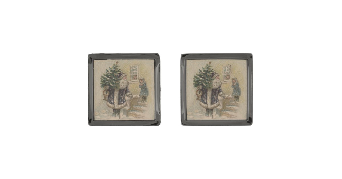 Vintage Santa Snow Christmas Tree Cufflinks | Zazzle