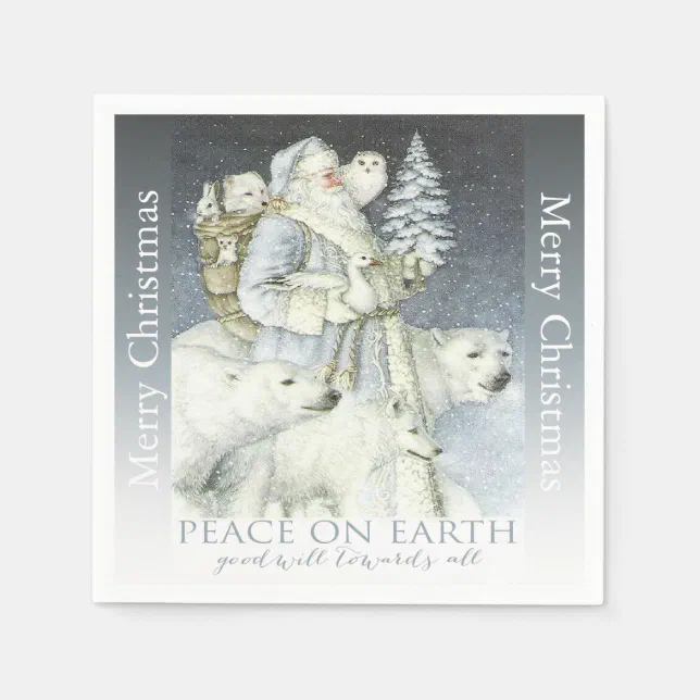 Vintage Santa Snowy Forest Winter Animals Paper Napkins | Zazzle