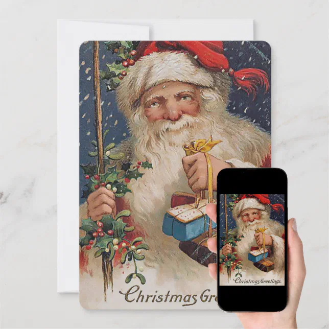 Vintage Santa with Presents Holiday Card | Zazzle
