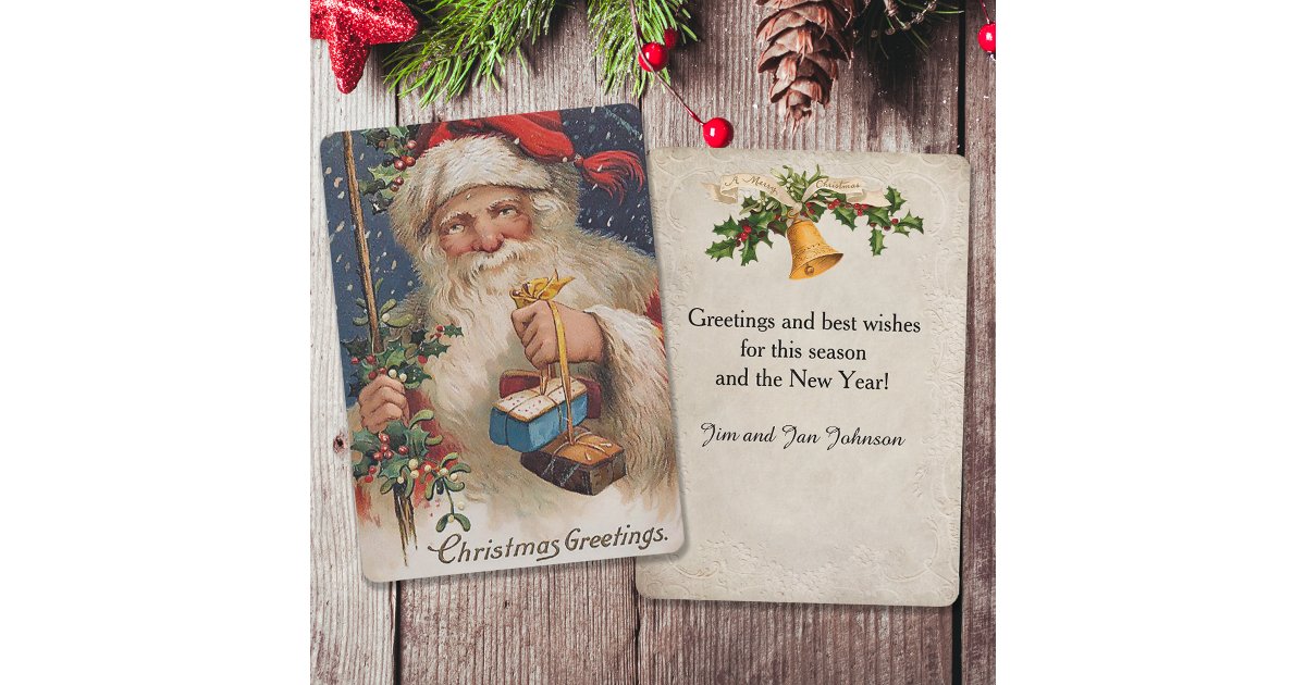 Vintage Santa with Presents Holiday Card | Zazzle