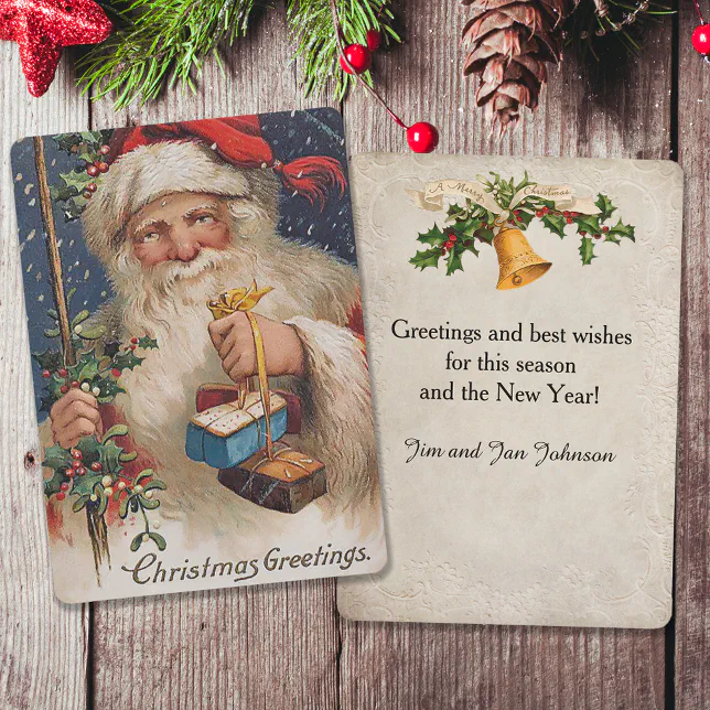Vintage Santa with Presents Holiday Card | Zazzle