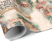Vintage Santas with Christmas Greetings & Holly Wrapping Paper | Zazzle