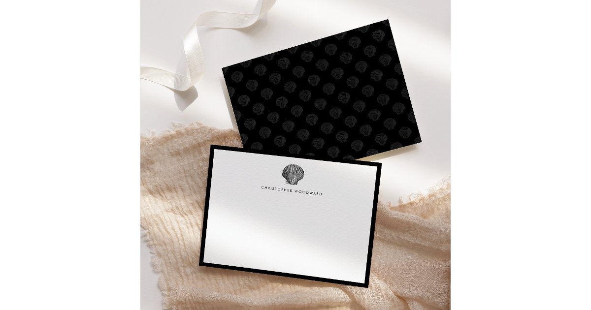 Vintage Scallop Seashell Personalized Black Note Card | Zazzle