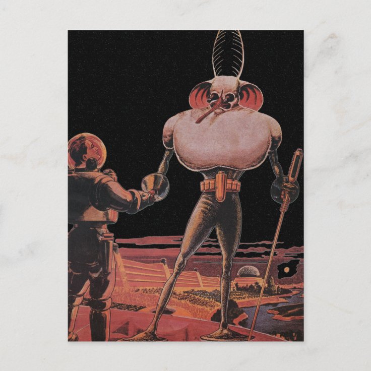 Vintage Science Fiction Astronaut Shake Hand Alien Postcard | Zazzle