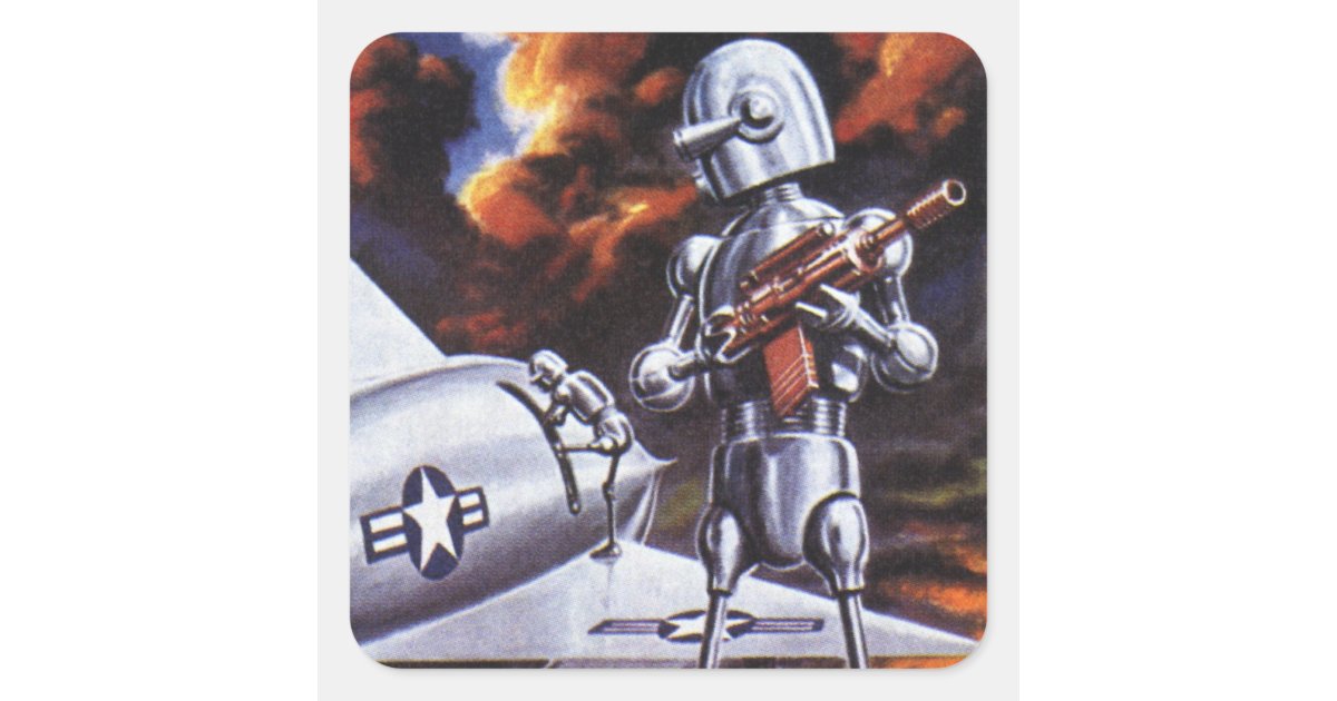 Vintage Science Fiction Military Robot Soldiers Square Sticker | Zazzle