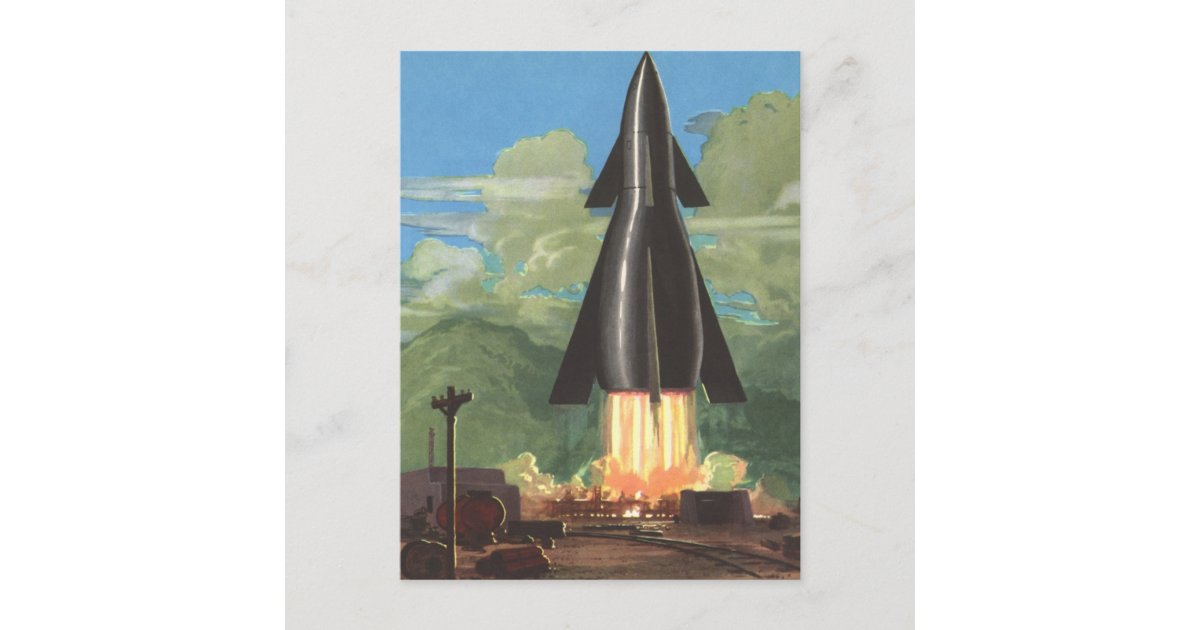 Vintage Science Fiction, Rocket Blasting Off Earth Postcard | Zazzle