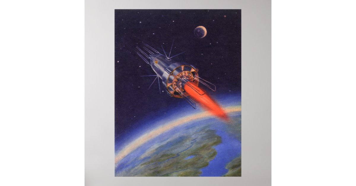 Vintage Science Fiction Rocket in Space over Earth Poster | Zazzle