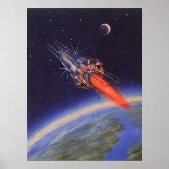 Vintage Science Fiction Rocket in Space over Earth Poster | Zazzle