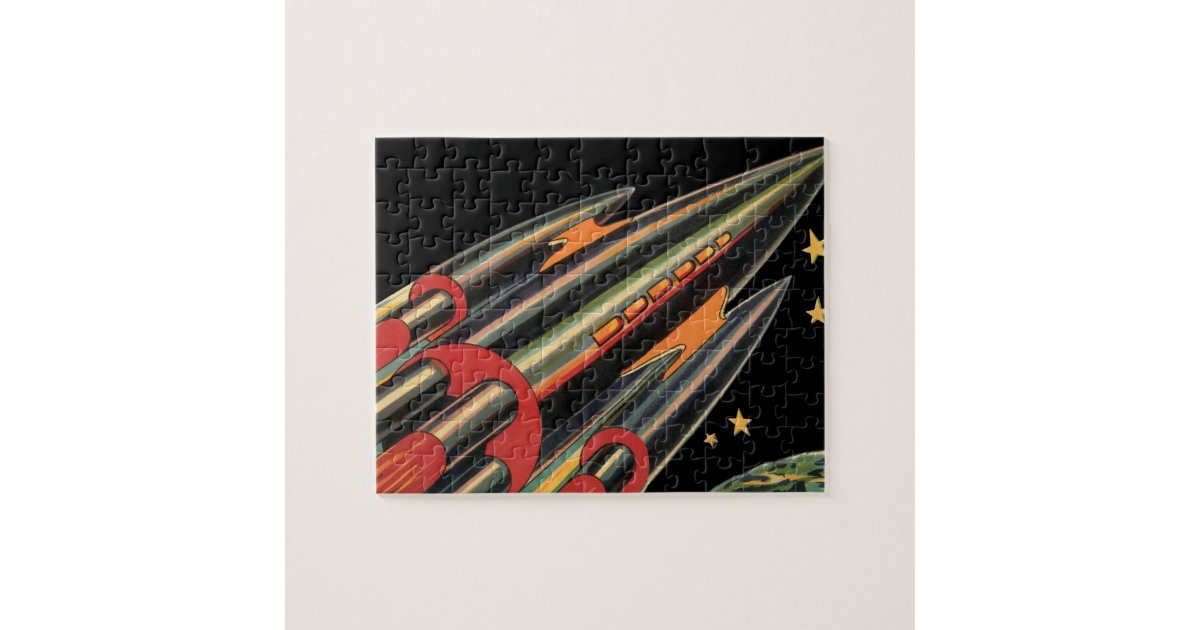 Vintage Science Fiction Rocket Ship by Space Stars Jigsaw Puzzle | Zazzle