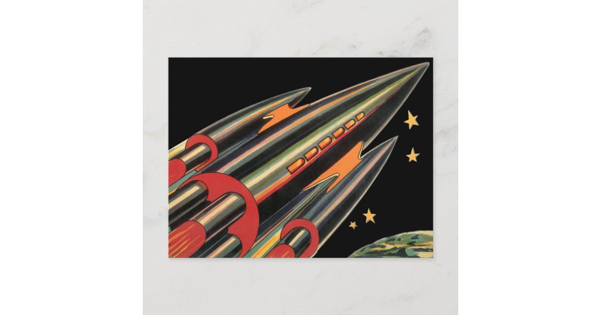 Vintage Science Fiction Rocket Ship by Space Stars Postcard | Zazzle