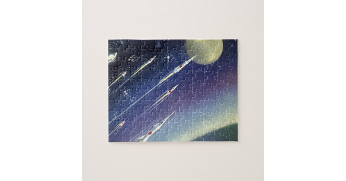 Vintage Science Fiction Rockets in Space by Planet Jigsaw Puzzle | Zazzle