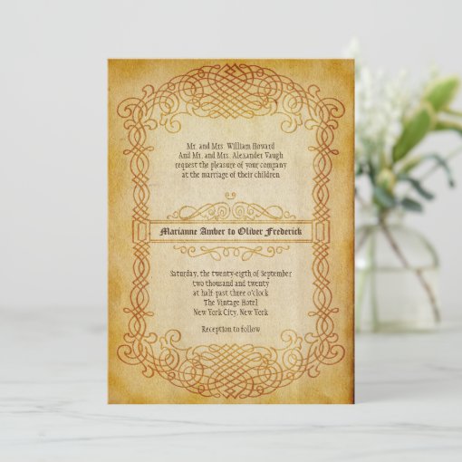 Vintage Scrolls Ornate Frame Old Paper Wedding Invitation | Zazzle