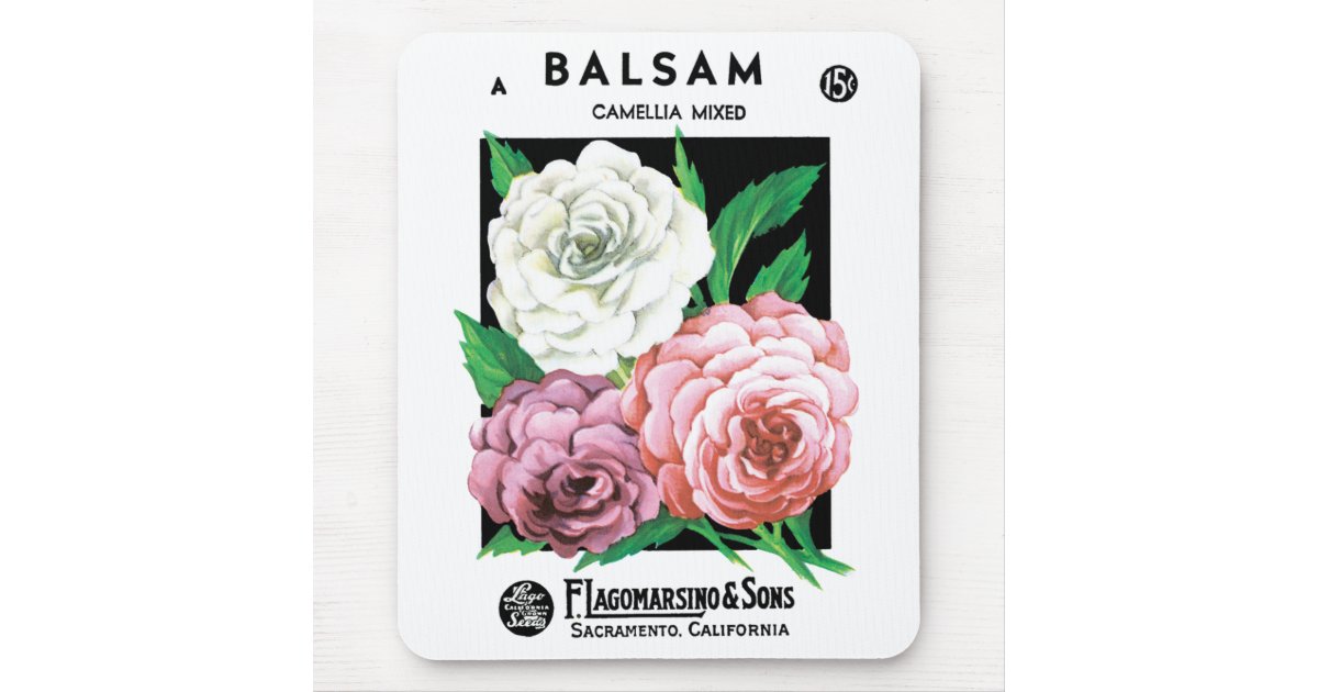 Vintage Seed Packet Label Art, Camellia Flowers Mouse Pad | Zazzle