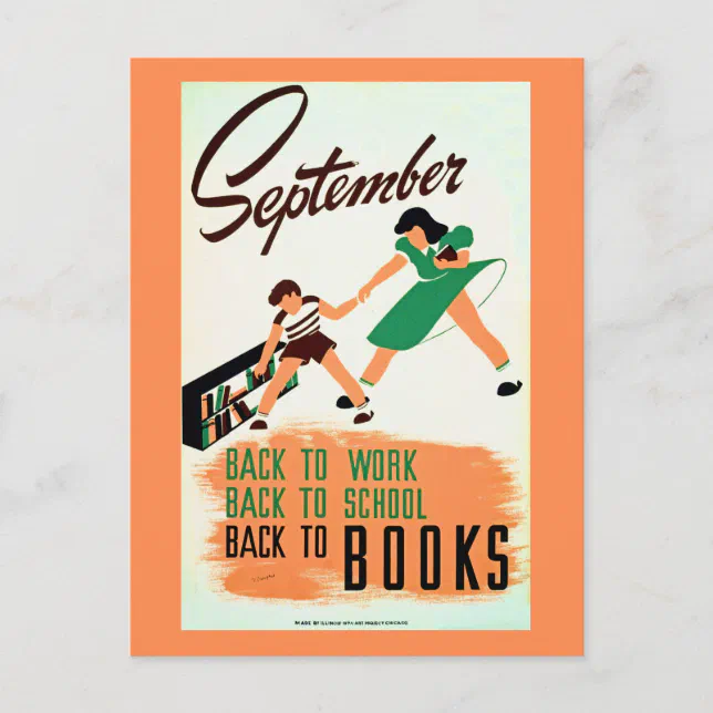 Vintage september back to work, school, books WPA Postcard | Zazzle