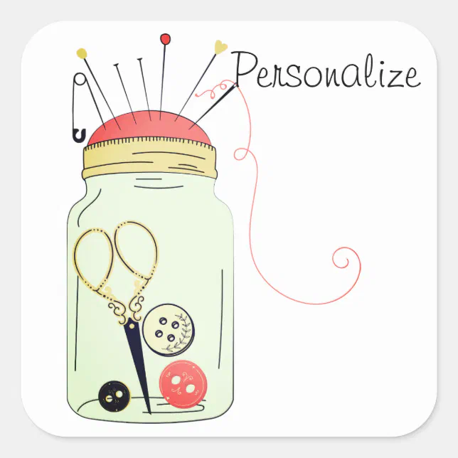 Vintage sewing kit square sticker | Zazzle