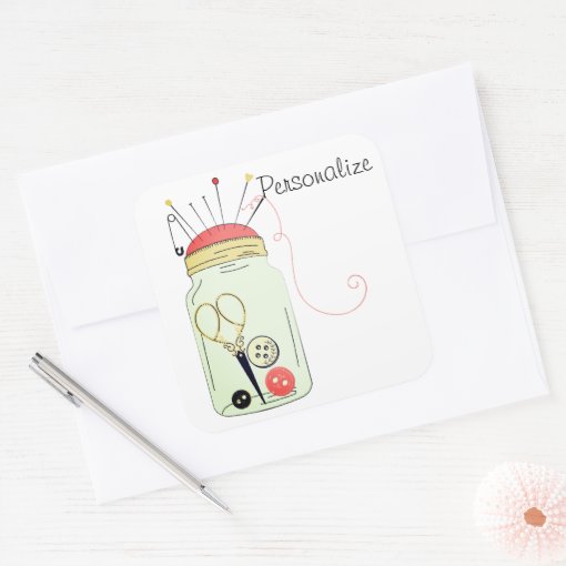 Vintage sewing kit square sticker | Zazzle