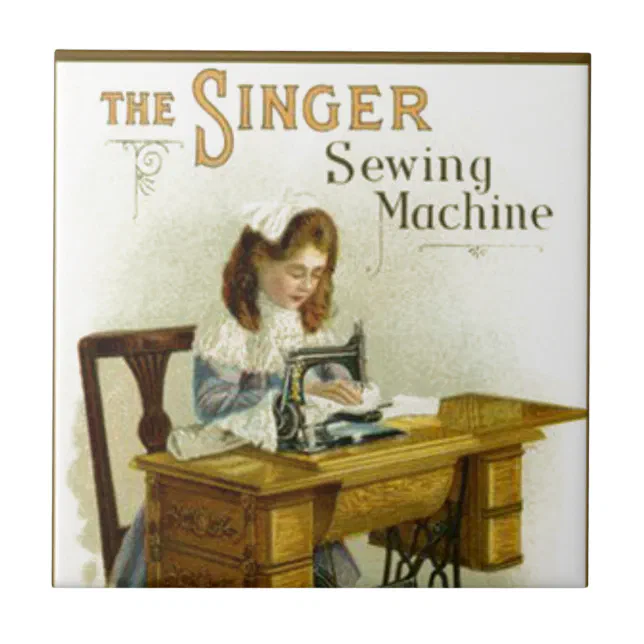 Vintage Sewing Machine Ad w/ Girl Tile | Zazzle