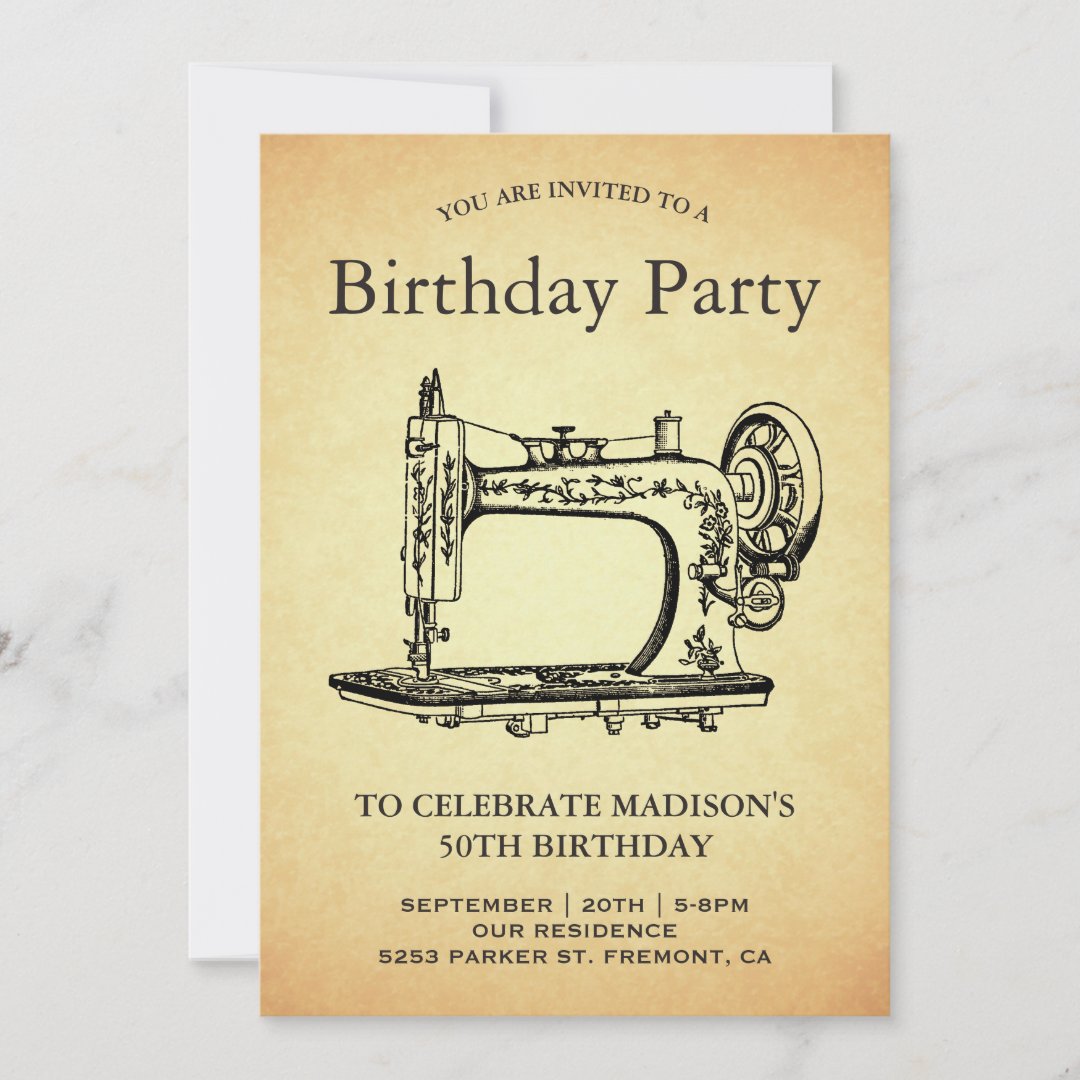 Vintage Sewing Machine Birthday Party Invitation | Zazzle