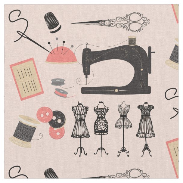 Vintage Sewing Machine Crafty Sew Theme Design Fabric | Zazzle