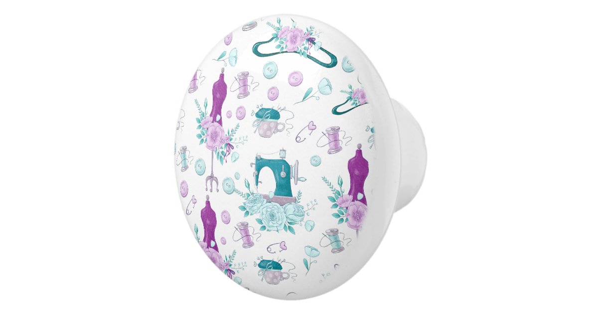 Vintage Sewing Machine Mannequin Blue Purple Ceramic Knob | Zazzle