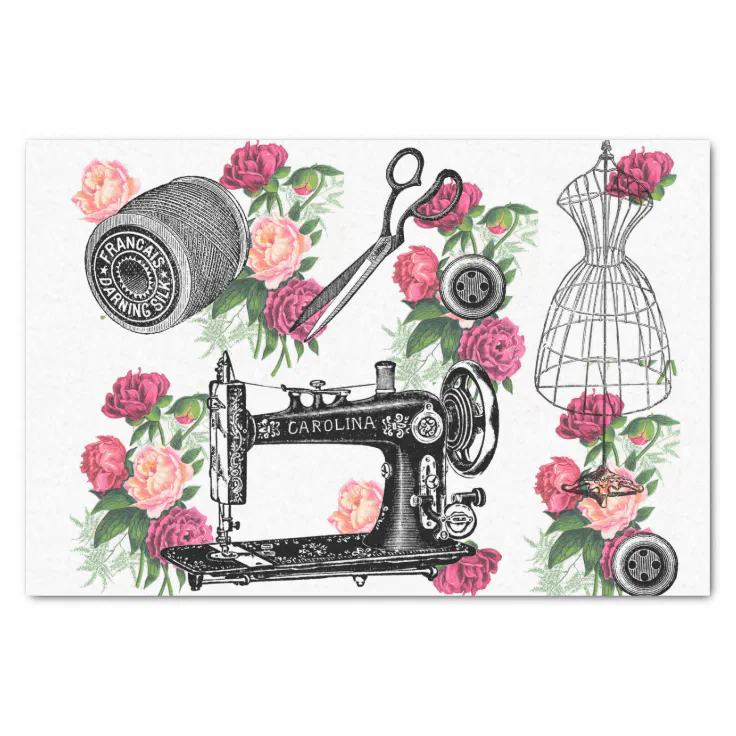 Vintage Sewing Pink Roses Tissue Paper | Zazzle