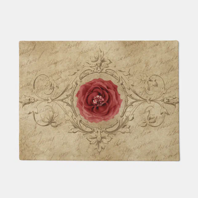 Vintage Shabby Chic Antique Single Red Rose Doormat | Zazzle