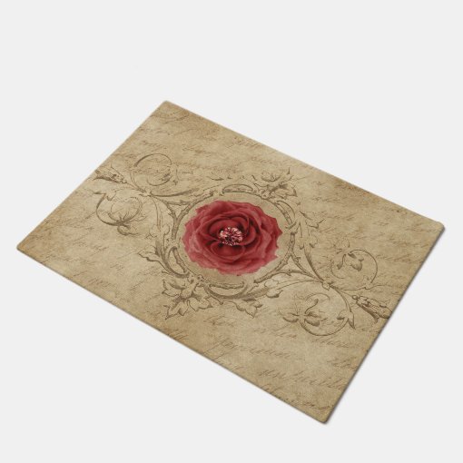 Vintage Shabby Chic Antique Single Red Rose Doormat | Zazzle