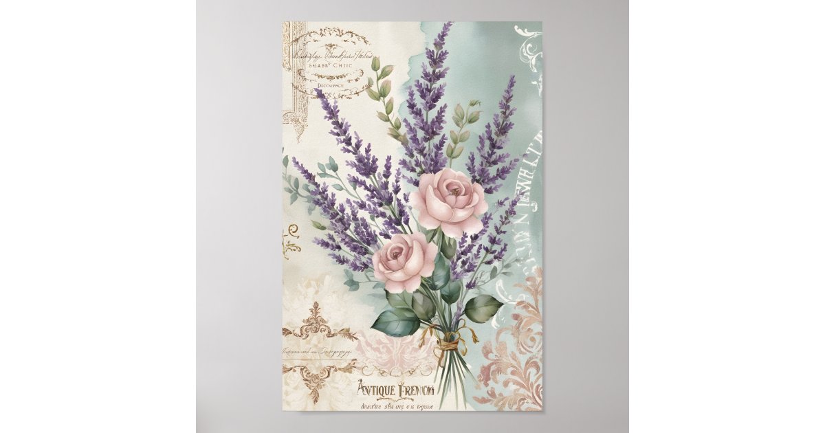 Vintage Shabby Chic Decoupage French Roses Art Poster | Zazzle