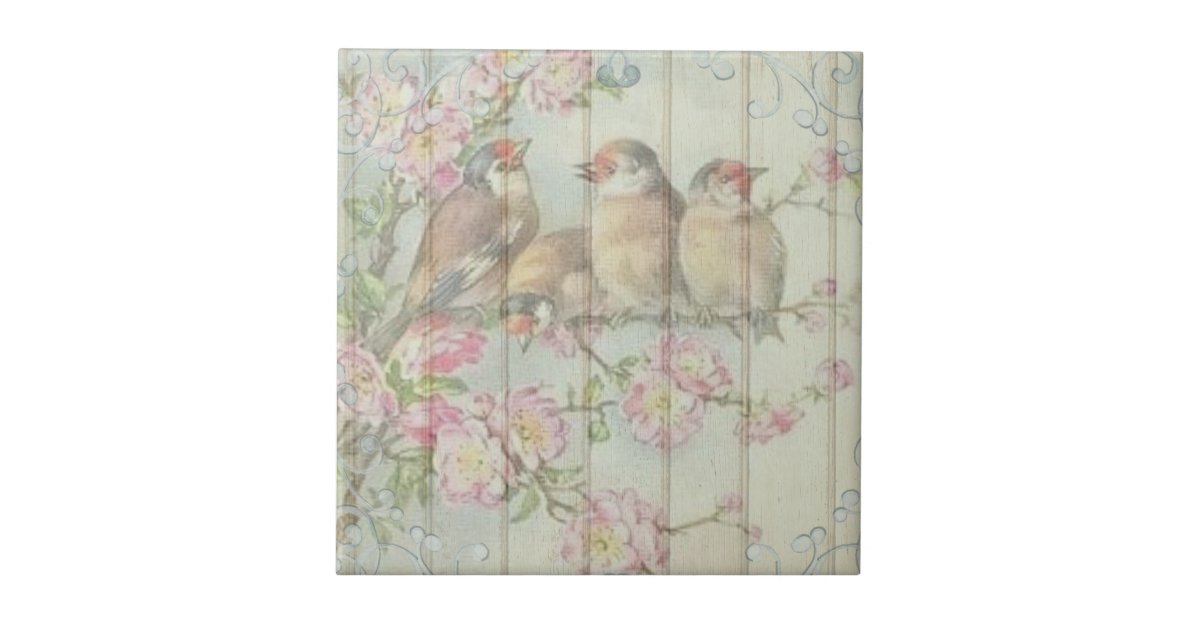 Vintage Shabby Chic Faded Floral Birds Design Ceramic Tile | Zazzle