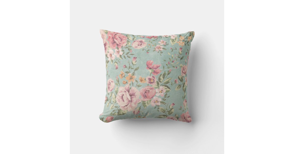 Vintage shabby chic floral teal pink girly elegant throw pillow | Zazzle