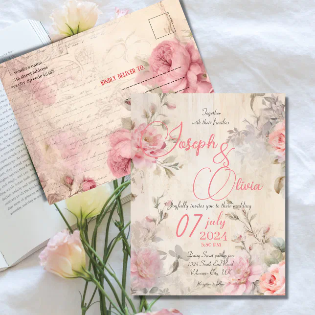 vintage shabby chic pink wedding Postcard | Zazzle
