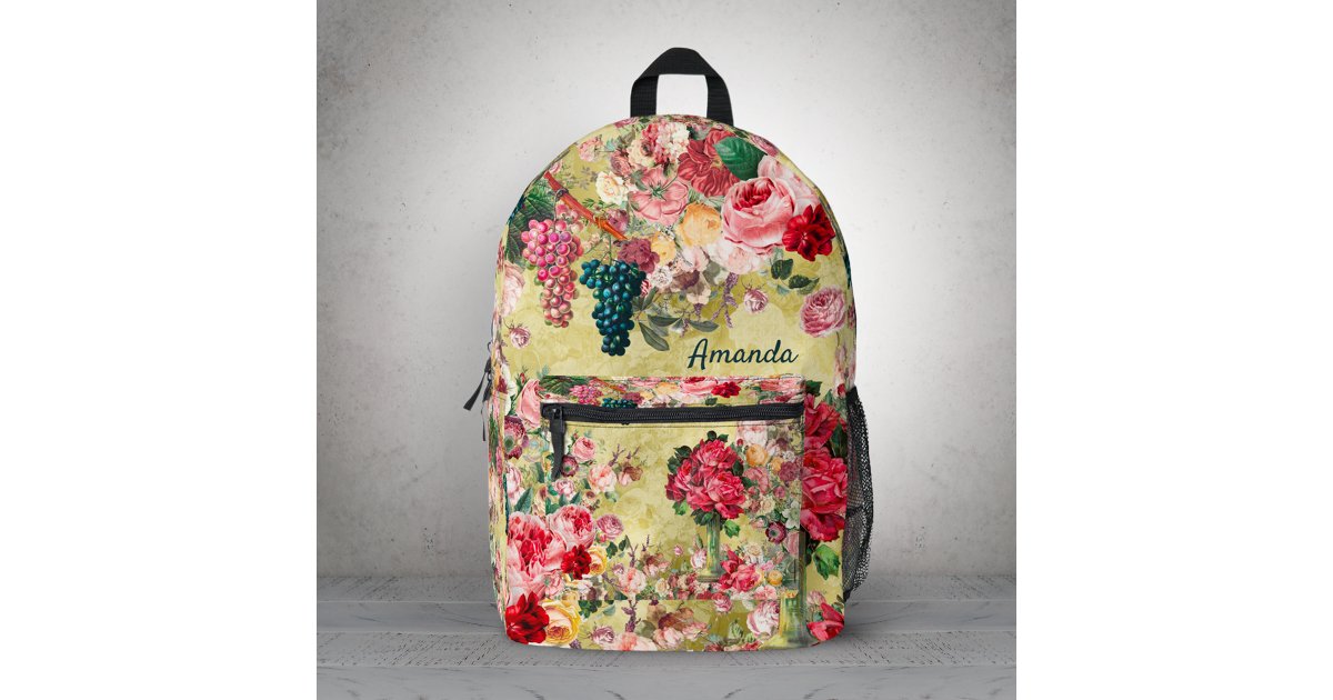 Vintage shabby chic roses and vase yellow printed backpack | Zazzle