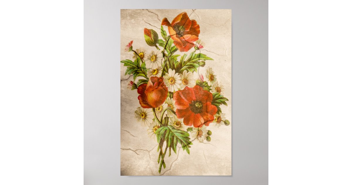 Vintage Shabby Chic Rustic Poppy Bouquet Poster | Zazzle