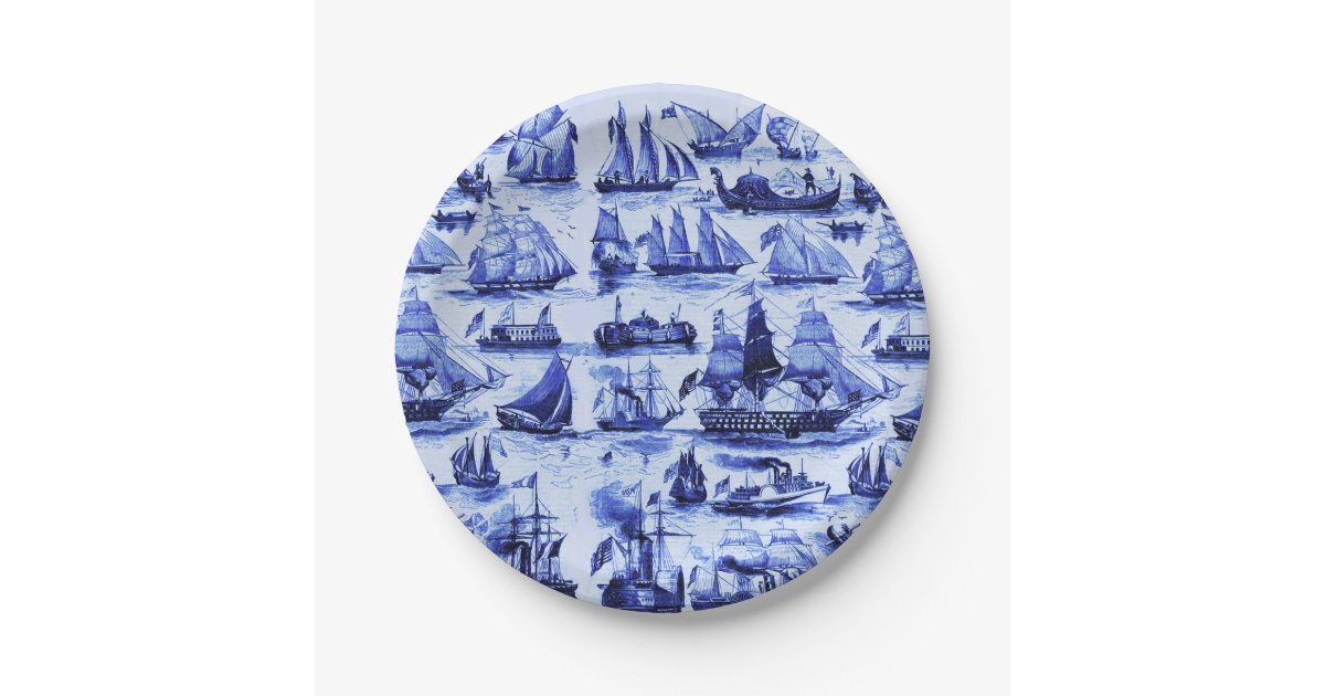 VINTAGE SHIPS,SAILING VESSELS,Navy Blue Nautical Paper Plates | Zazzle