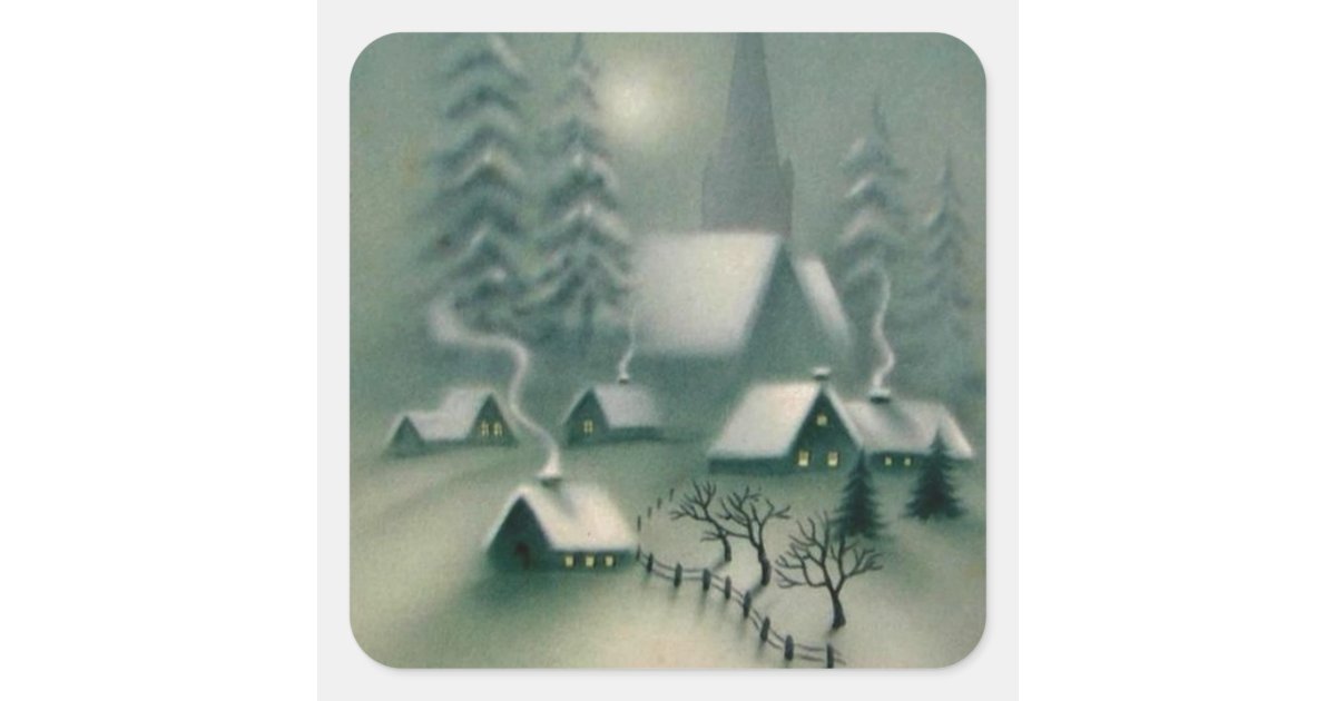 Vintage Silent Night Christmas Winter Scene Square Sticker | Zazzle
