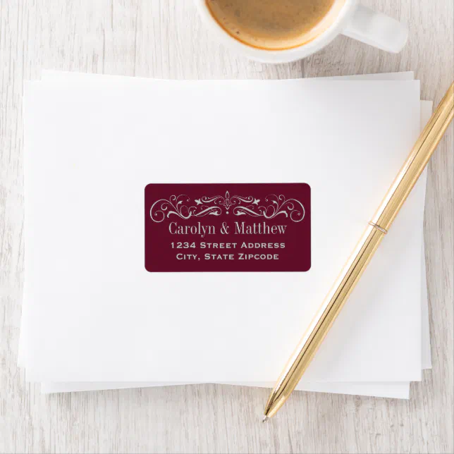 Vintage Silver Flourish Maroon Return Address Label | Zazzle