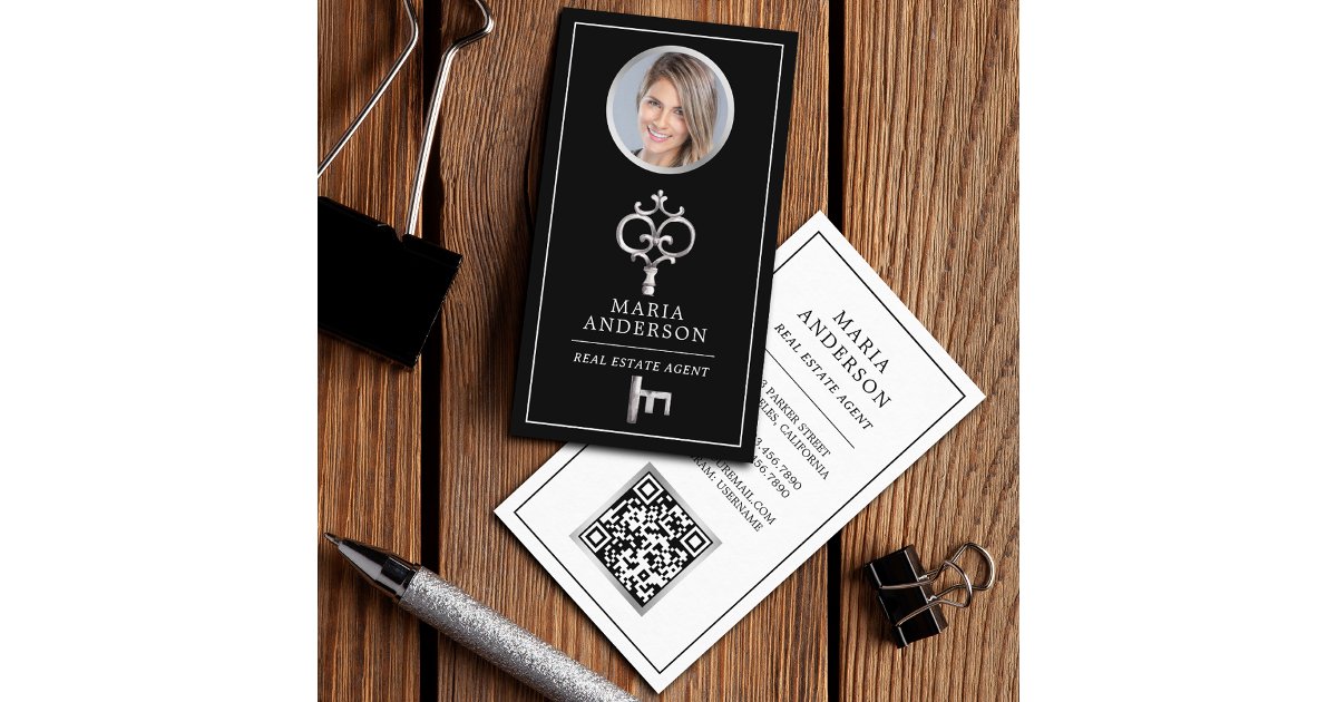 Vintage Silver Key Real Estate Agent Photo QR Code Business Card | Zazzle