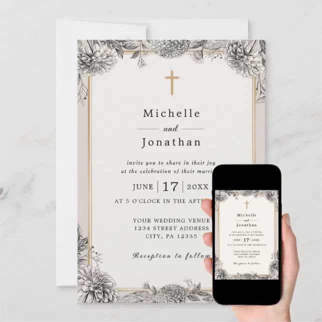 Vintage Simple Floral Christian Cross Wedding Invitation | Zazzle
