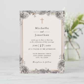 Vintage Simple Floral Christian Cross Wedding Invitation | Zazzle
